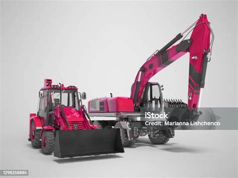 그림자가 있는 회색 배경에서 작업할 수 있는 3d 렌더링 보라색 건설 기계 휠 굴삭기 및 굴삭기 로더 건설 현장에 대한 스톡 사진 및 기타 이미지 Istock