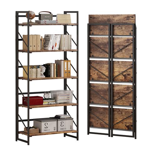 Jsb No Assembly Folding Bookshelf 5 Tier Industrial Metal Book Shelf For Storage