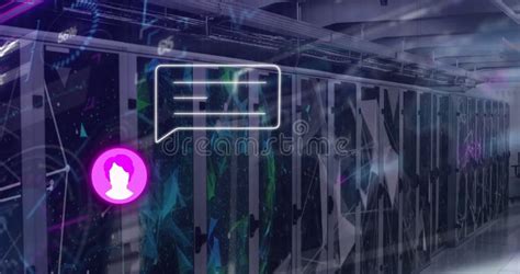 Animation Of Profile And Message Icons Over Plexus Networks Against Computer Server Room Stock