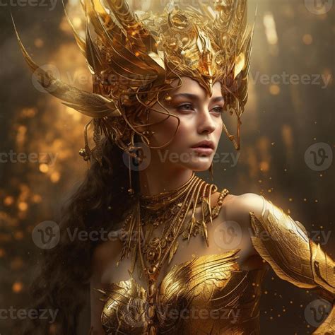 Fantasy Goddess In A Golden Armor With A Crown Character Design Generative Ai 22741872 Stock