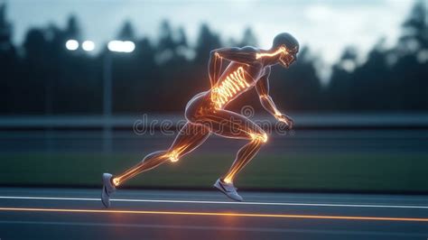 Digital Skeleton Of Runner In Motion On Track Symbolizing Anatomy And