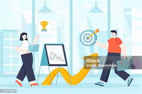 플랫 디자인의 경력 기회 개념 전문적인 성장 및 개발 현장 남자와 여자는 직장에서 개발 타겟팅 동기 부여 방문 페이지에 대한 사람 문자의 벡터 그림 개념에 대한 스톡 벡터