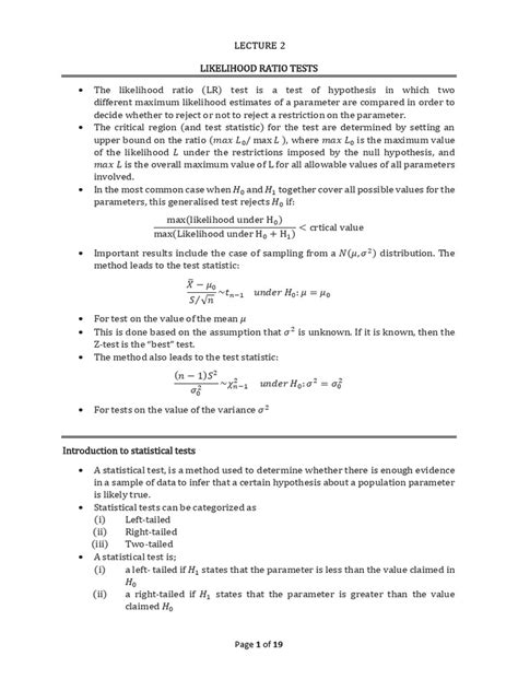 Lecture 2 Formulation Hypothesis Likelihood Ratio Tests And Basic Tests Pdf P Value