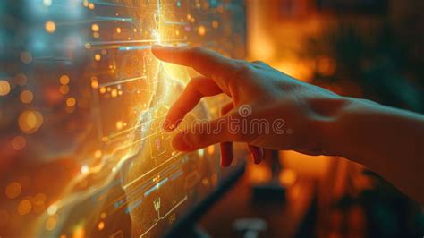 Hand Interacting With Futuristic Interface Displaying Data Stock Image Image Of Touchscreen
