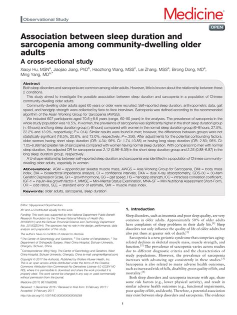 Pdf Association Between Sleep Duration And Sarcopenia Among Community Dwelling Older Adults A
