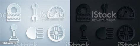 높은 빔 속도계 기어 시프터 합금 휠 렌치 스패너 및 자동차 타이어 아이콘을 설정합니다 벡터 3차원 형태에 대한 스톡 벡터 아트