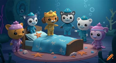Six Cartoon Octonauts Characters In Colorful Pajamas In An Underwater