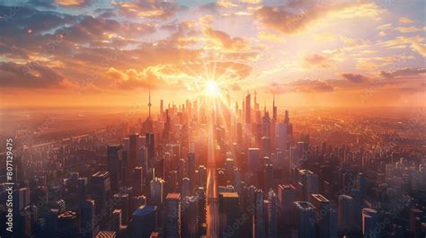 Rendering Of A Future Mega City Complex Bathed In The Warm Light Of