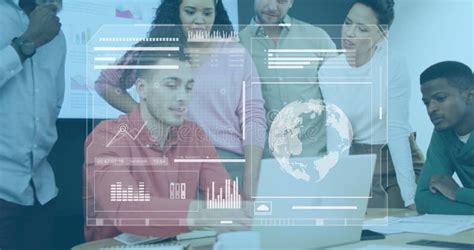 Image Of Loading Bars Globe Graph Over Diverse Manager Explaining