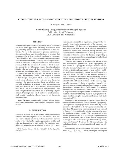 Pdf Content Based Recommendations With Approximate Integer Division