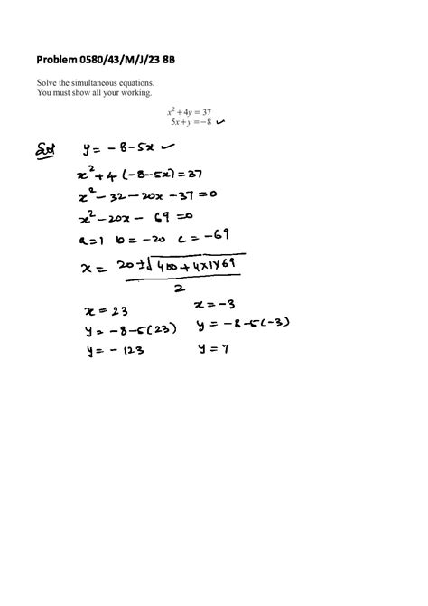 Solution Igcse Paper 4 Simultaneous Equation Problem 058043mj23