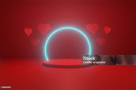 발렌타인 데이에 대한 연단 제품 배경 빨간 배경에 빨간 마음과 받침대 0명에 대한 스톡 사진 및 기타 이미지 0명 3차원 형태 공란 Istock