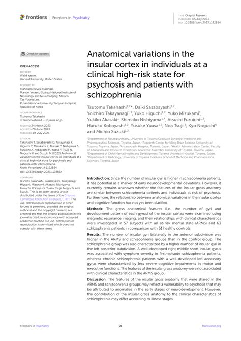 Pdf Anatomical Variations In The Insular Cortex In Individuals At A Clinical High Risk State
