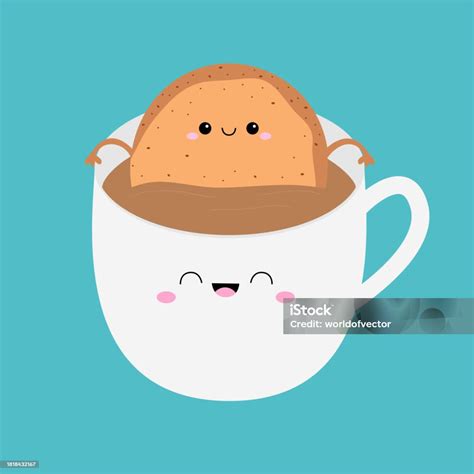 커피 머그잔에 목욕을 하는 쿠키 쿠키와 컵 귀여운 얼굴 세트 분홍색 뺨 눈 입 카와이 재미있는 음식 캐릭터 미소 짓는 맛있는 간식 플랫 디자인 파란색 배경입니다 격리 음식에