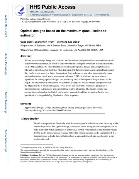 Pdf Optimal Designs Based On The Maximum Quasi Likelihood Estimator