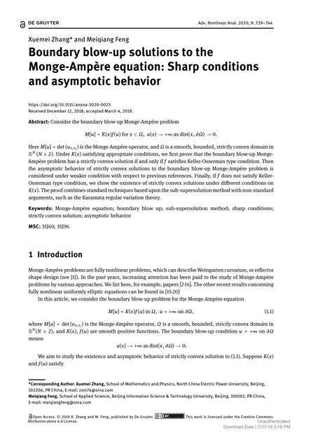Pdf Boundary Blow Up Solutions To The Monge Ampère Equation Sharp Conditions And Asymptotic