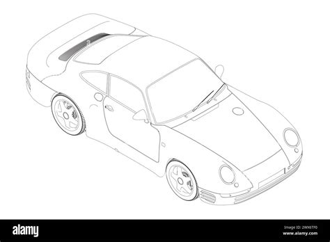 Outline Of A Sports Car Made Of Black Lines Isolated On A White Background Isometric View