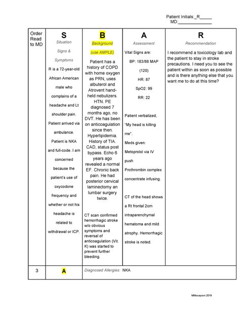Sample And Sbar 2 Sbar Example From Novex Patient Initialsr Md