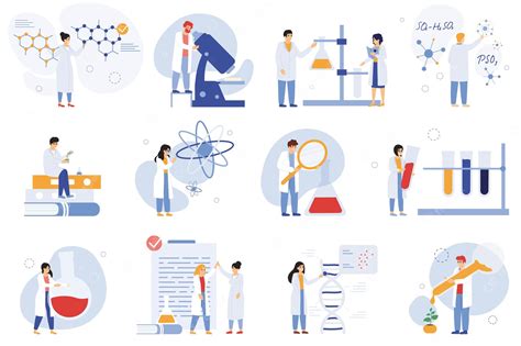 과학자 캐릭터 화학 연구원 생물 학자 또는 실험실 작업자 과학 의료 작업자 벡터 일러스트 레이 션 세트 연구 과학자 캐릭터 프리미엄 벡터