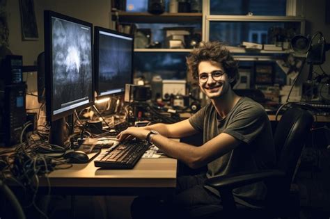 Portrait Of A Young Caucasian Man Using A Computer In A Dark Room A Portrait Man And Smile Of A