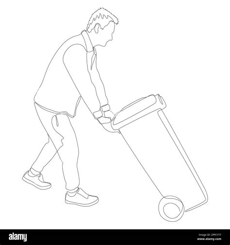 One Continuous Line Of Man With Garbage Bin Thin Line Illustration Vector Concept Contour