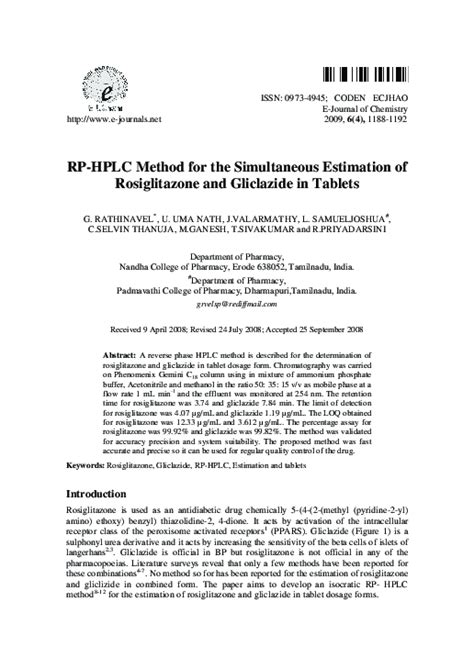 Pdf Rp Hplc Method For The Simultaneous Estimation Of Rosiglitazone And Gliclazide In Tablets