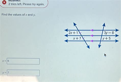 Incorrect 2 Tries Left Please Try Again Find The Values Of X And Y X