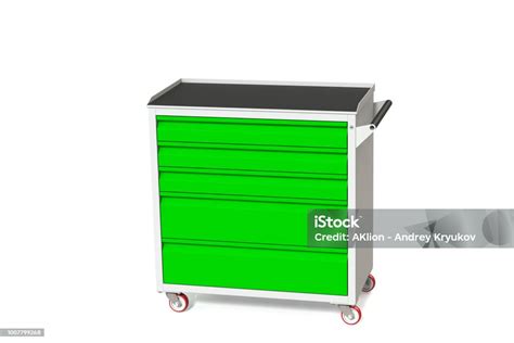금속 도구 캐비닛 바퀴 서랍에 테이블 도구와 예비 부품을 저장 하기 위한 편리한 장소 서비스 차고 도구 상자입니다 테이블 위에서 촬영의 3 차원 모델 렌더링입니다 1900