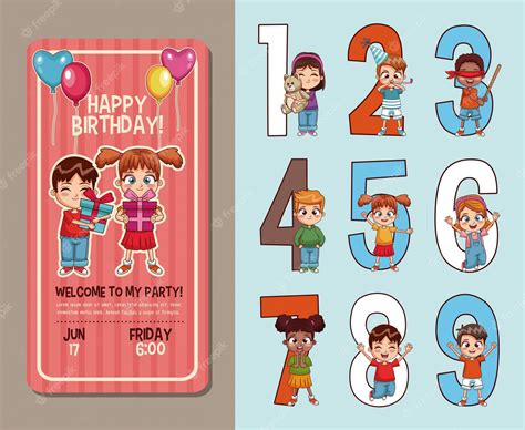 숫자 아이 생일 파티 초대장 카드 프리미엄 벡터