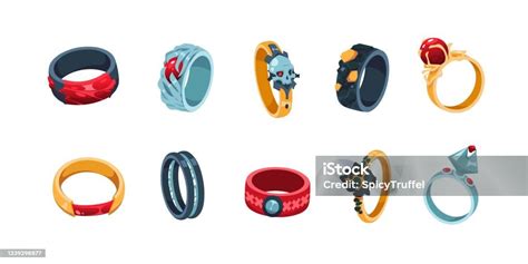 게임 링 게임 인벤토리 Ui를위한 만화 장식 보석 아이콘 귀중한 돌이나 마법의 상징이있는 중세 왕실 액세서리 컬렉션 벡터 고립