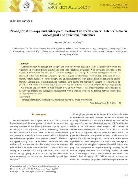 Pdf Neoadjuvant Therapy And Subsequent Treatment In Rectal Cancer Balance Between Oncological