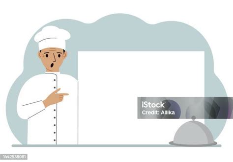 제복을 입고 모자를 쓴 남성 요리사가 큰 종이를 들고 있습니다 메뉴 요리법 책 빈 요리 책 또는 기록에 대한 개념 공란에 대한 스톡 벡터 아트 및 기타 이미지 Istock