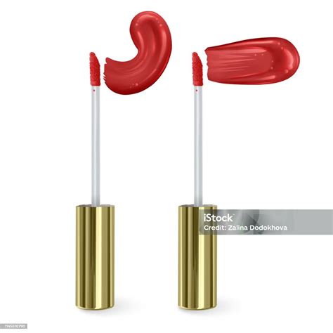 밝은 붉은 색 립글로스 브러시와 흰색 바탕에 립스틱의 얼룩의 액체 립스틱 장식 화장품의 승진을 위한 전단지에 사용할 수 있습니다 0명에 대한 스톡 벡터 아트 및 기타 이미지
