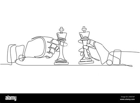 Single Continuous Line Drawing Robots Hands Holding King Chess Piece And The Other Hand Too