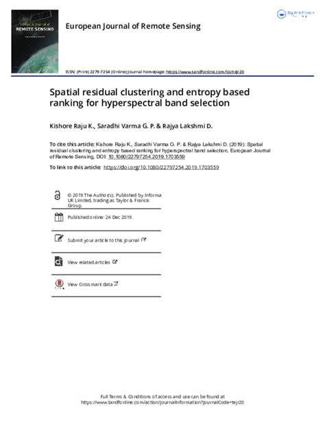 Pdf Spatial Residual Clustering And Entropy Based Ranking For Hyperspectral Band Selection