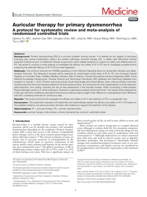 Pdf Auricular Therapy For Primary Dysmenorrhea A Protocol For Systematic Review And Meta