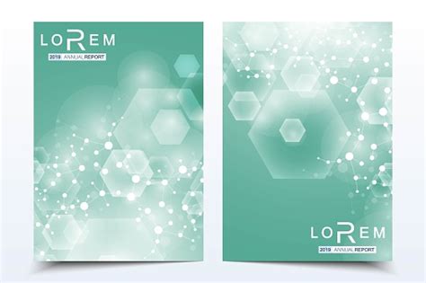 브로셔 잡지 전단지 전단지 표지 책자 연례 보고서에 대한 벡터 템플릿 입자 의료 기술 화학 과학을위한 분자 구조와 현대 미래의 육각 형 패턴 Dna에 대한 스톡 벡터 아트
