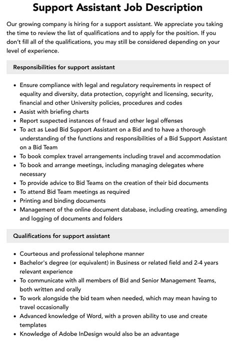 Support Assistant Job Description Velvet Jobs