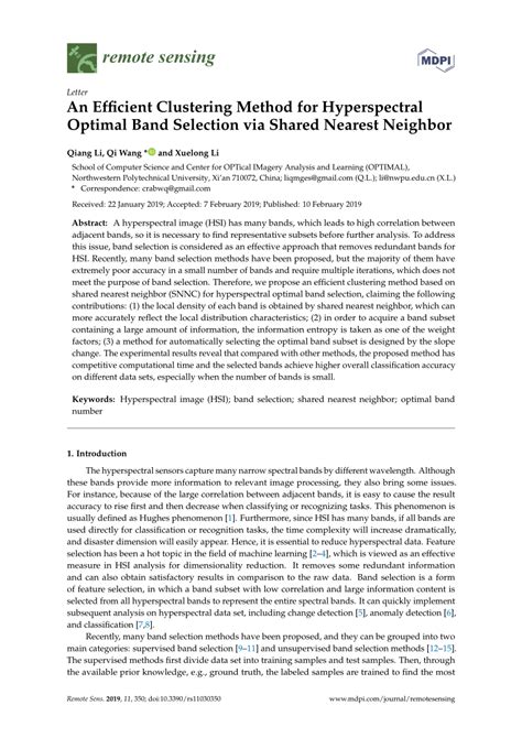 PDF An Efficient Clustering Method For Hyperspectral Optimal Band Selection Via Shared Nearest