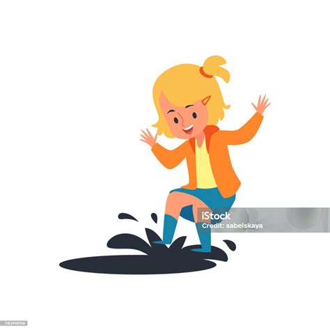 비 웅덩이에 점프 하는 행복 한 아이 작은 금발의 소녀 데 재미 튀는 진흙 물 계절에 대한 스톡 벡터 아트 및 기타 이미지