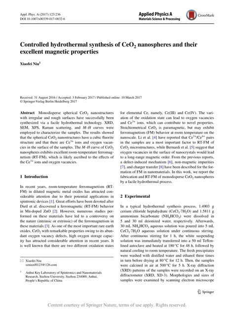 Controlled Hydrothermal Synthesis Of Ceo2 Nanospheres And Their Excellent Magnetic Properties