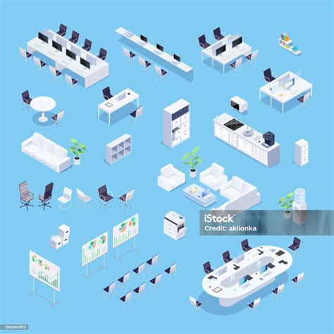 사무용 가구 아이콘의 등대 집합입니다 3d 사무실 책상 파일 보관 사무실 의자 직장 컴퓨터 레크리에이션 공간 물 냉각기 및 식물 벡터 그림입니다 등측투영법에 대한 스톡 벡터