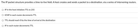 Solved The IP Packet Structure Provides A Time To Live Chegg Com