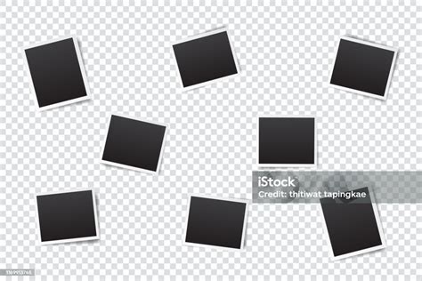 투명한 배경에 흰색 테두리와 검은 색 사각형 요소가있는 빈 사진 프레임 세트 디자인을위한 폴라로이드 또는 인스턴트 사진 프레임 카드 모형 템플릿 장식 개체 그룹에 대한 스톡