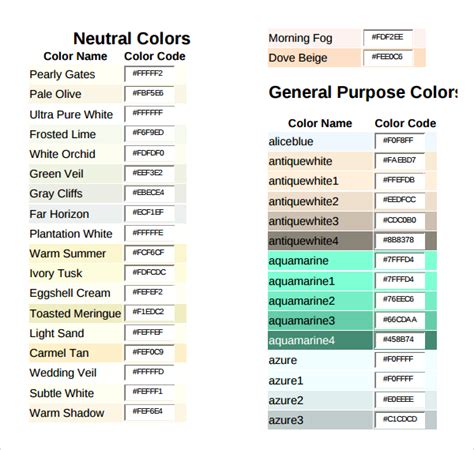 Html Color Code Chart Template 4 Free Templates In Pdf