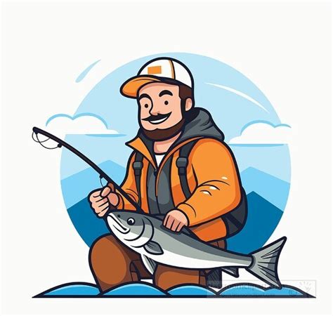 Fishing Clipart Happy Fisherman In An Orange Jacket Holding A Large Fish