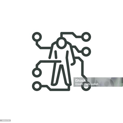 얇은 윤곽선 아이콘 남자 사이보그와 와이어 이러한 선 기호 약화 Ai 기술 인공 지능 매트릭스 로봇 공학 벡터 격리 사용자 정의 픽토그램 흰색 배경 편집 가능한 획 개발에