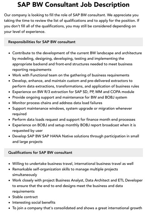 Sap Bw Consultant Job Description Velvet Jobs