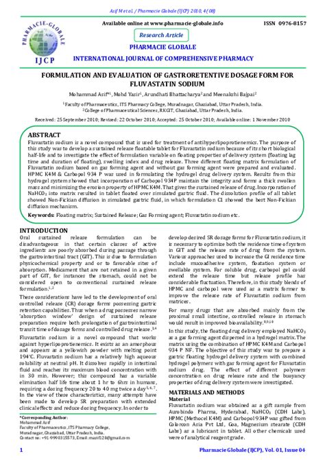 Pdf Research Formulation And Evaluation Of Gastroretentive Dosage Form For Fluvastatin Sodium