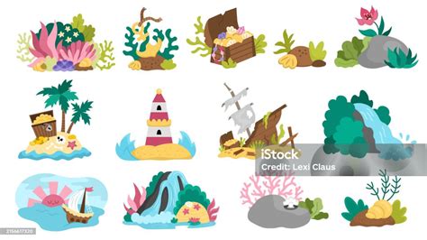 벡터 해양 구성 세트 와 보물 상자 무인도 등대 인어 해적 또는 바다 모험 컨셉 컬렉션 Ocean Or Underwater Landscape 클립아트 요소 개념에 대한 스톡